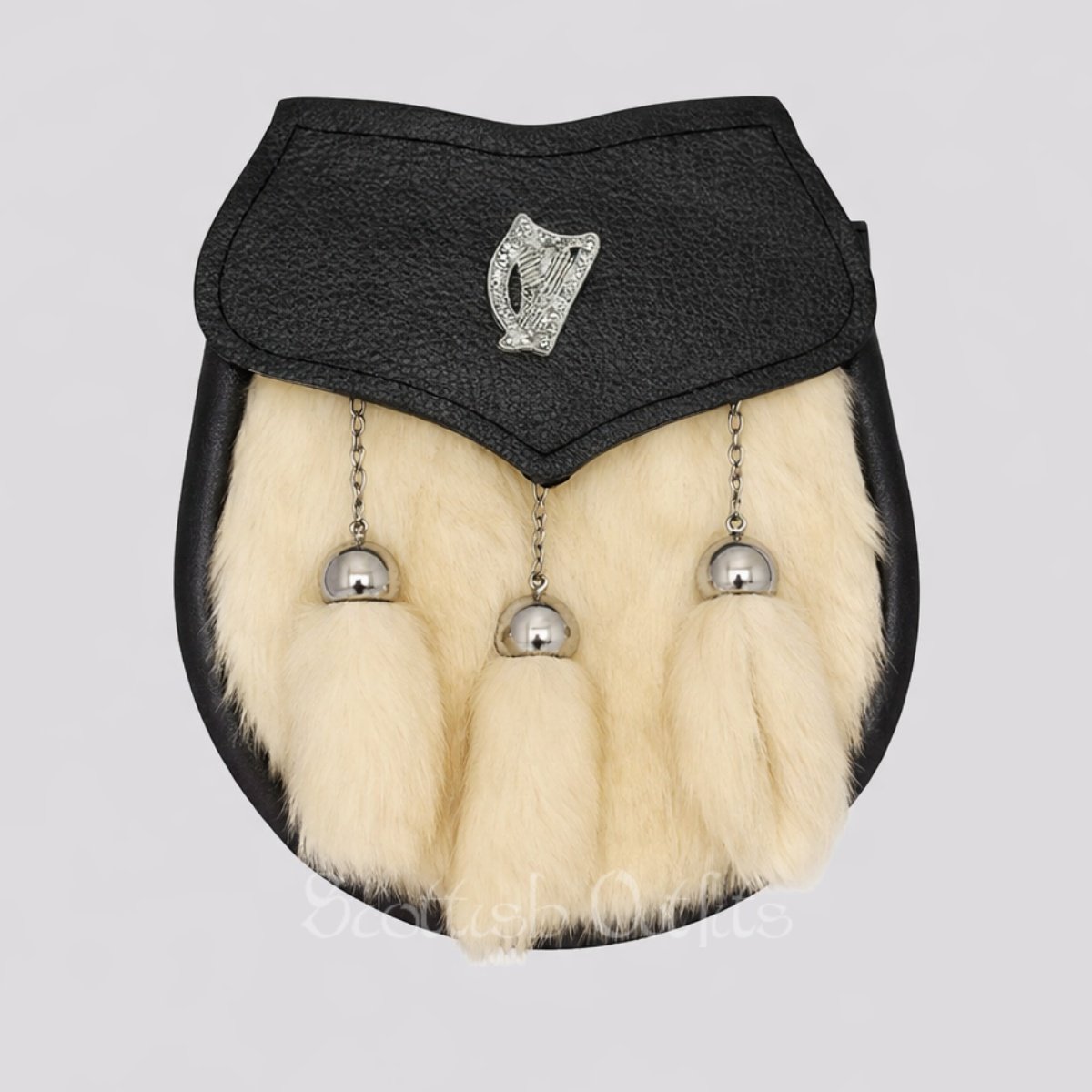 Semi Dress Sporran White Rabbit Fur Harp Emblem